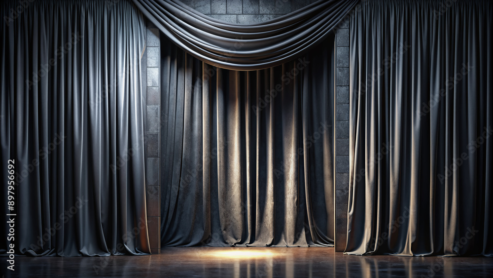 Darkness fills the room as a black velvet curtain with intricate folds ...