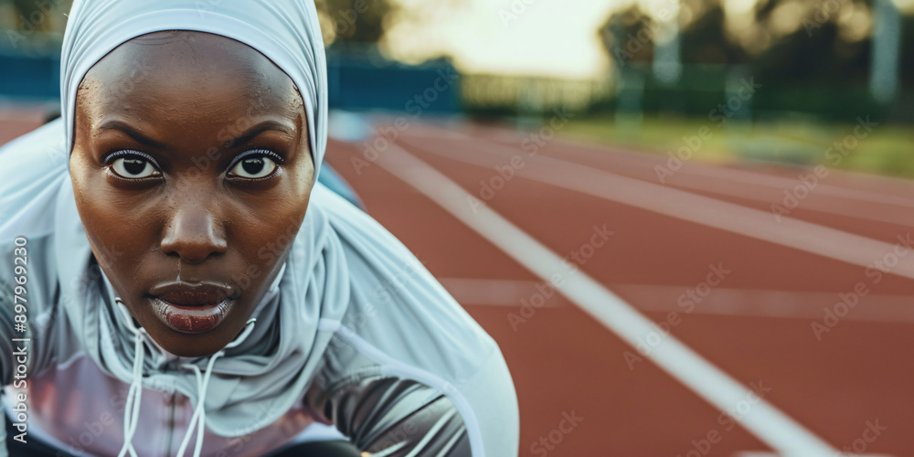 A determined African Muslim woman athlete wearing a hijab, focused and ...