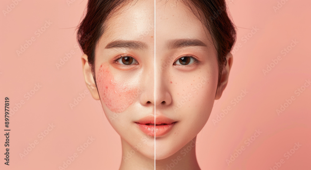 A korean girl with clear skin on the left side of her face and visible ...