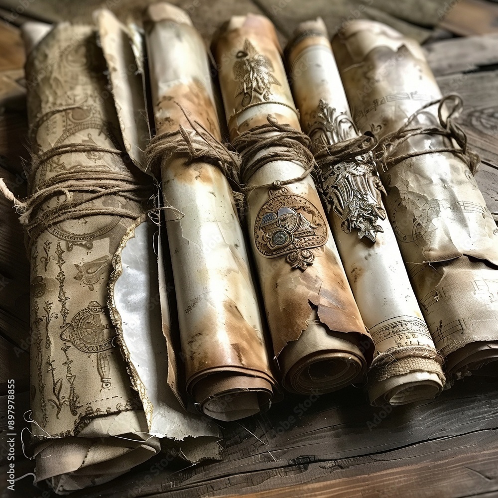 Rollos de pergamino antiguos con decoraciones detalladas - Imagen de ...