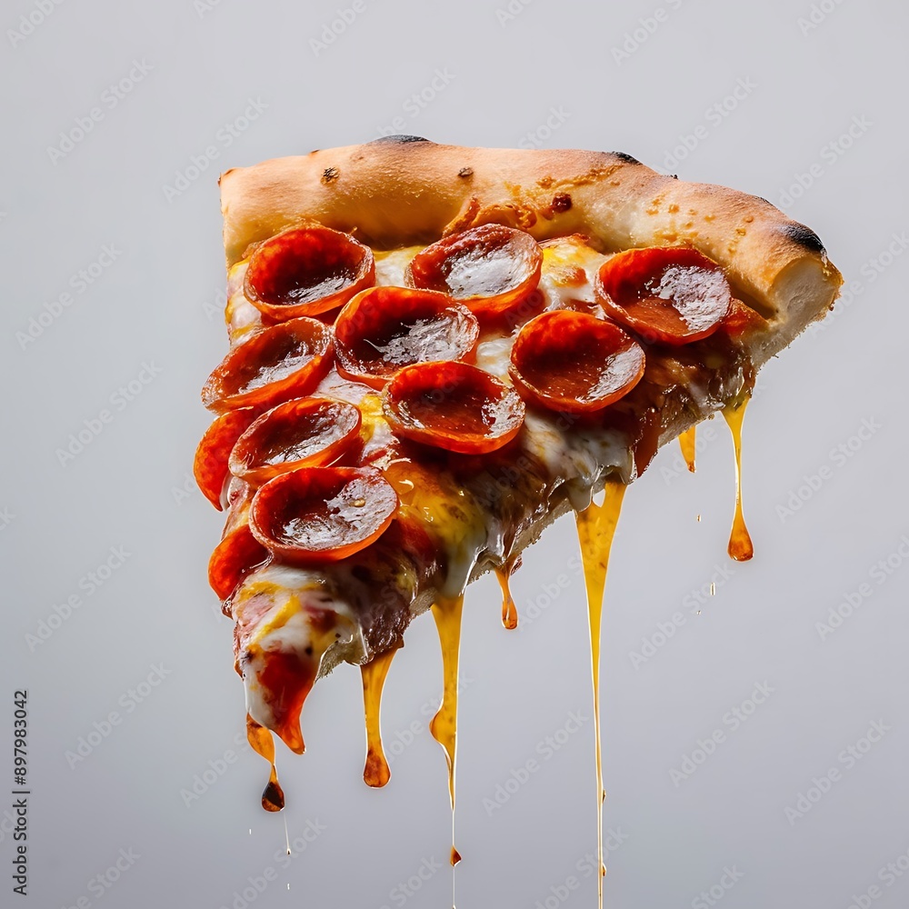 A slice of pizza, with dripping cheese oozing from its edges. The pizza ...