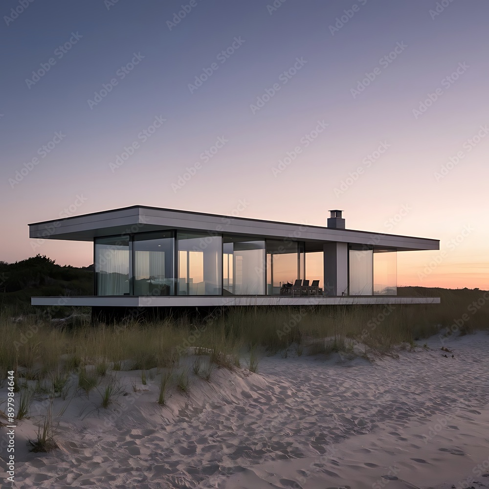 Create a minimalist beach house with clean lines, large glass walls ...