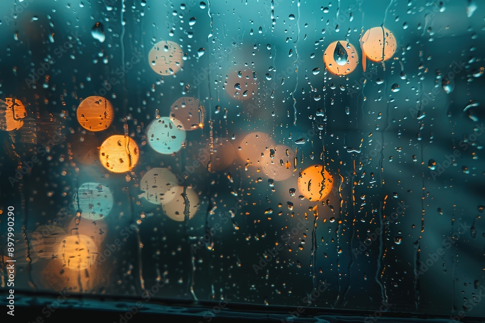 Photograph of raindrops streaming down a window, blurring the view of a ...