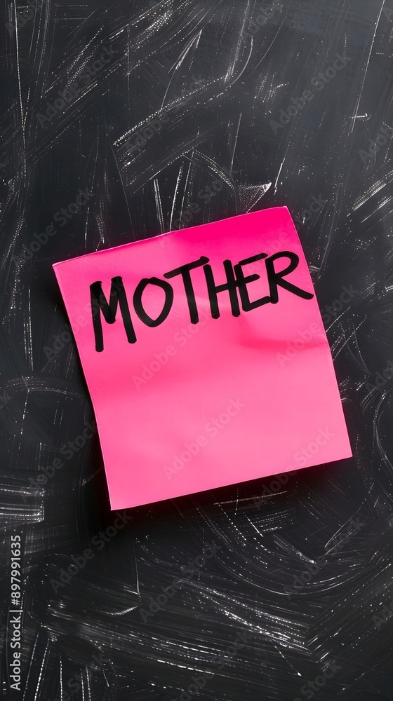 Pink sticky note with 'MOTHER' written in bold black letters, placed on ...