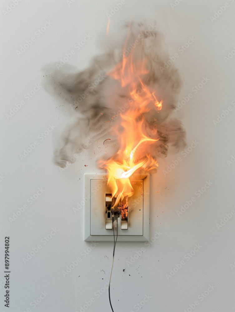 Electrical outlet on fire with visible smoke and flames against a plain ...