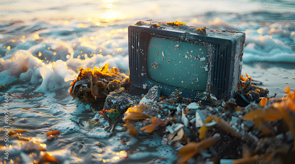 Scrap electronic waste leave beach by sea. Washed up crt tv tube tv on ...