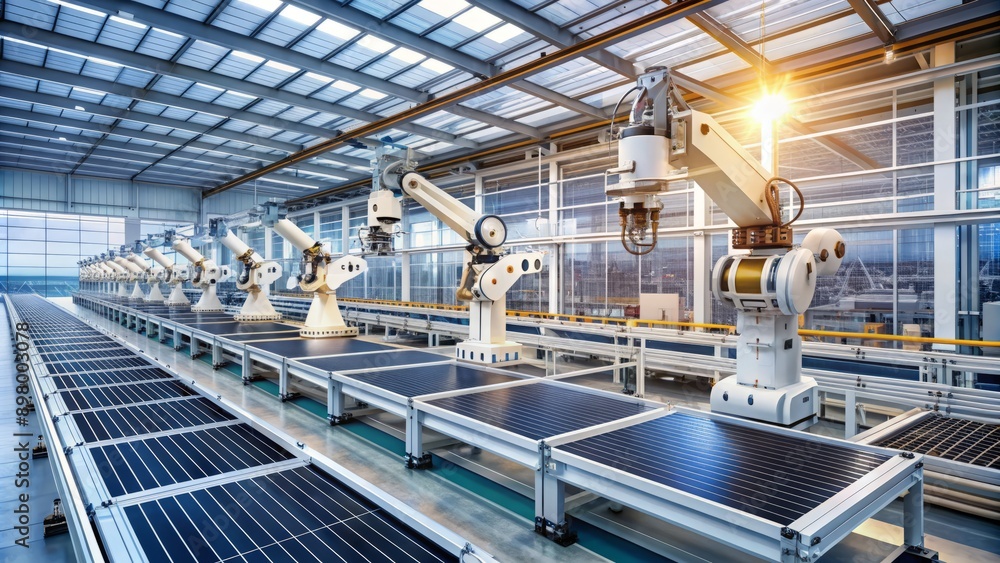 Modern robotic arms and machinery assemble photovoltaic cells on a ...