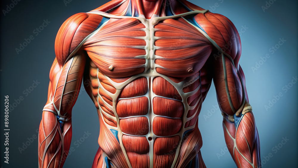 Close-up of a muscular anatomy model showing the rectus abdominis ...