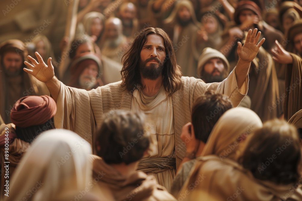 Jesus preaching to a crowd of followers in an ancient setting with ...