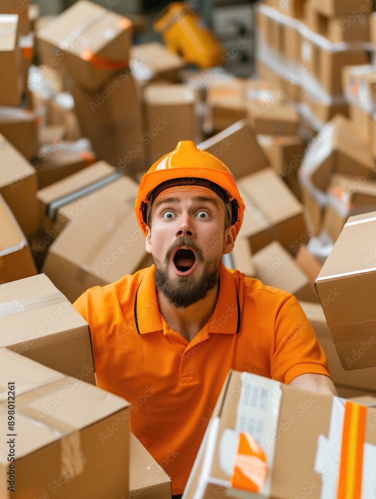 Warehouse worker in orange uniform and hard hat surrounded by fallen ...