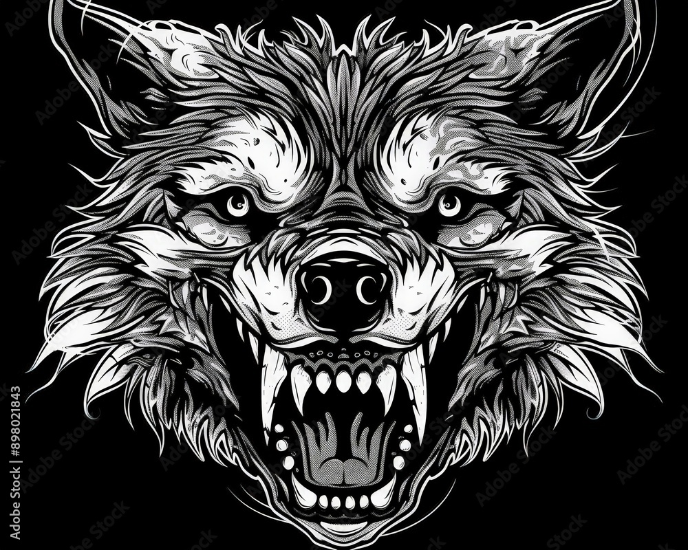 Wolf's Snarl A Black and White Illustration of a Fierce Wolf with Bared ...