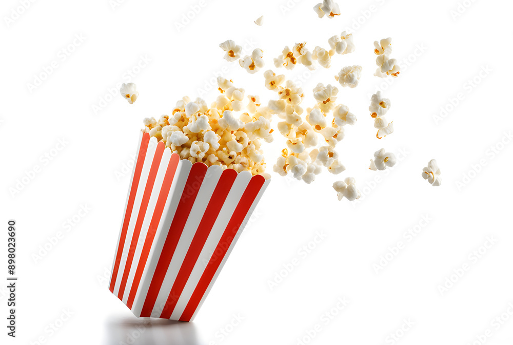 Popcorn box with popcorn floating scattered isolated on white ...