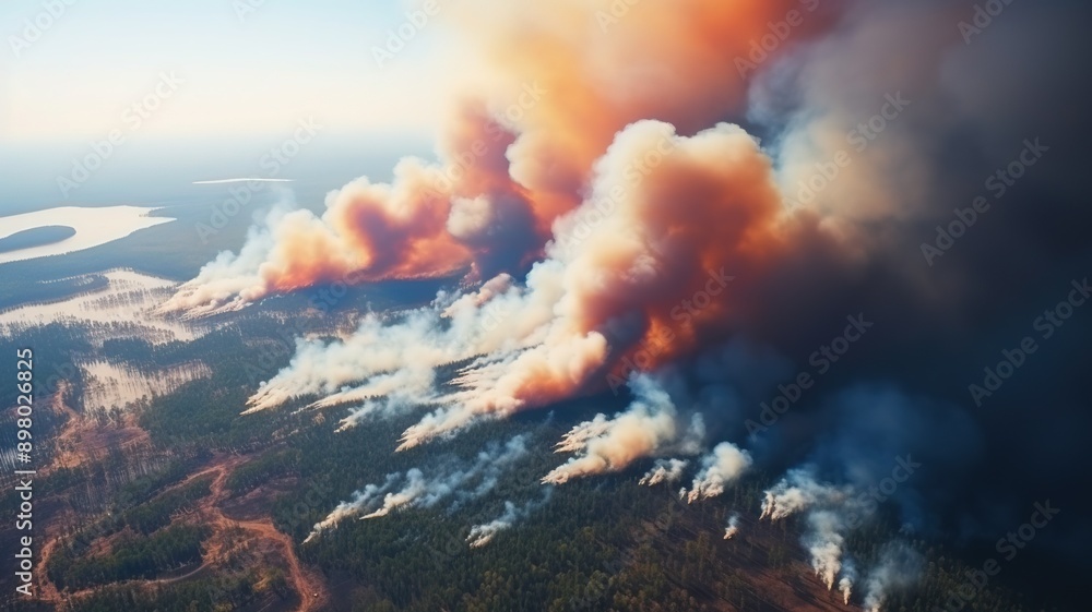 Epic aerial view of a smoking forest fire. Huge smoke clouds and ...