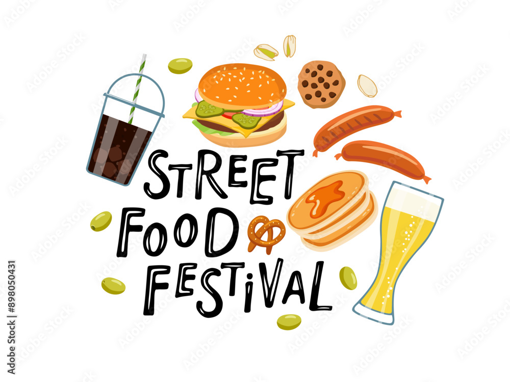 Street Food Festival sign. Hand drawn Lettering with flat fast food ...