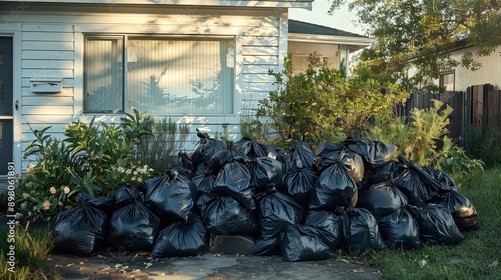Many garbage bags and full waste bin at dirty house, waste management ...