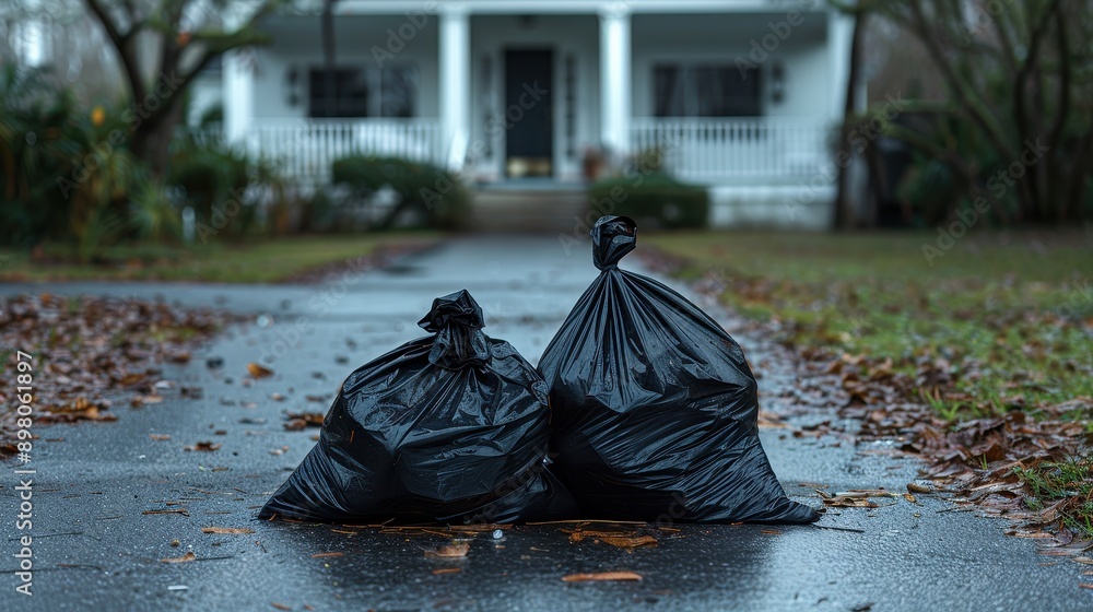 Many garbage bags and full waste bin at dirty house, waste management ...