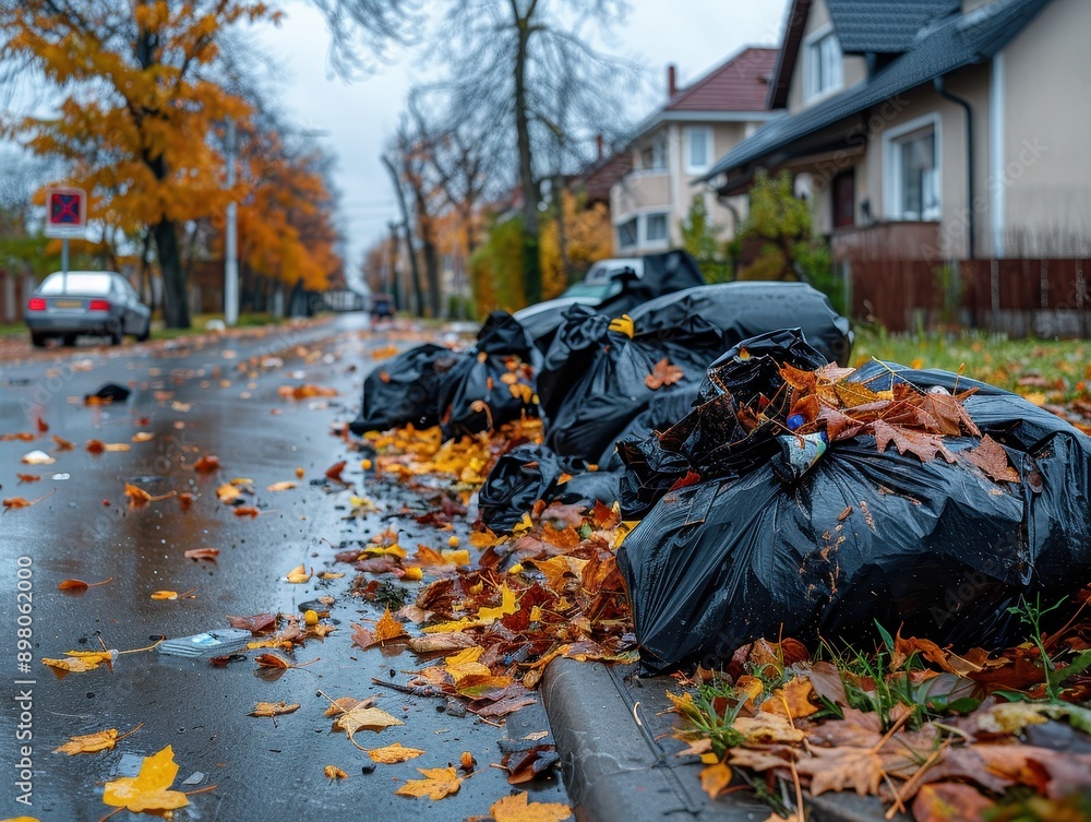 Many garbage bags and full waste bin at dirty house, waste management ...