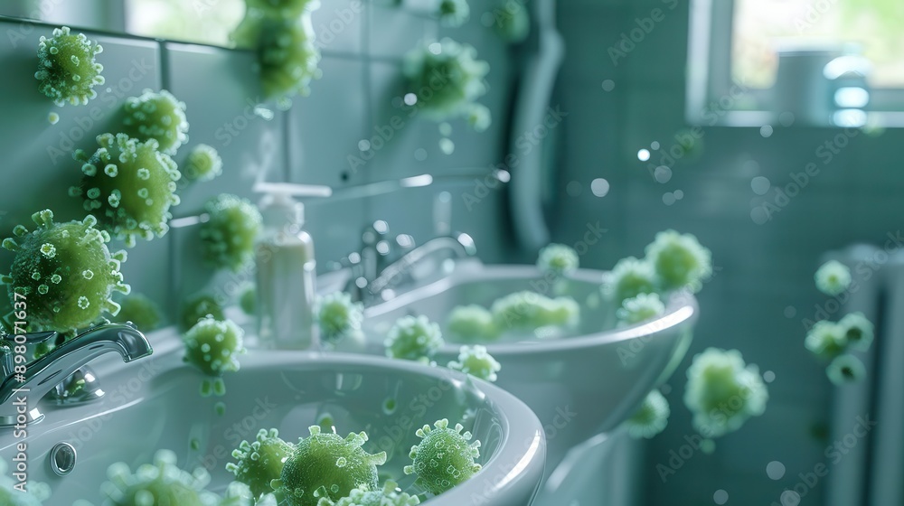 Bacterial growth around a bathroom sink, germs, bathroom, representing ...