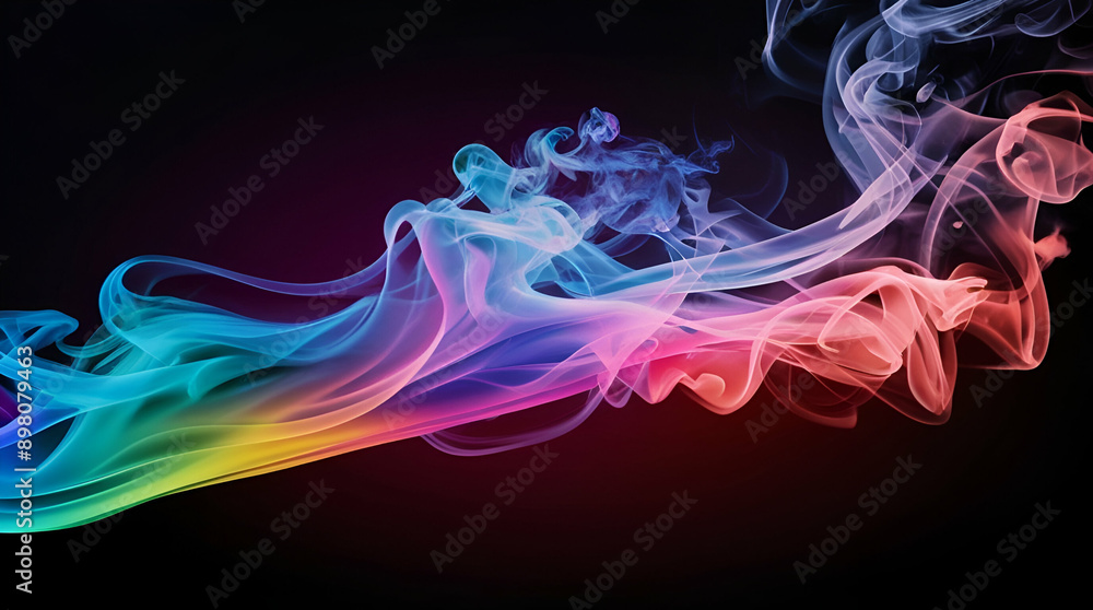 Abstract Black background with wispy smoke illuminated by vibrant ...
