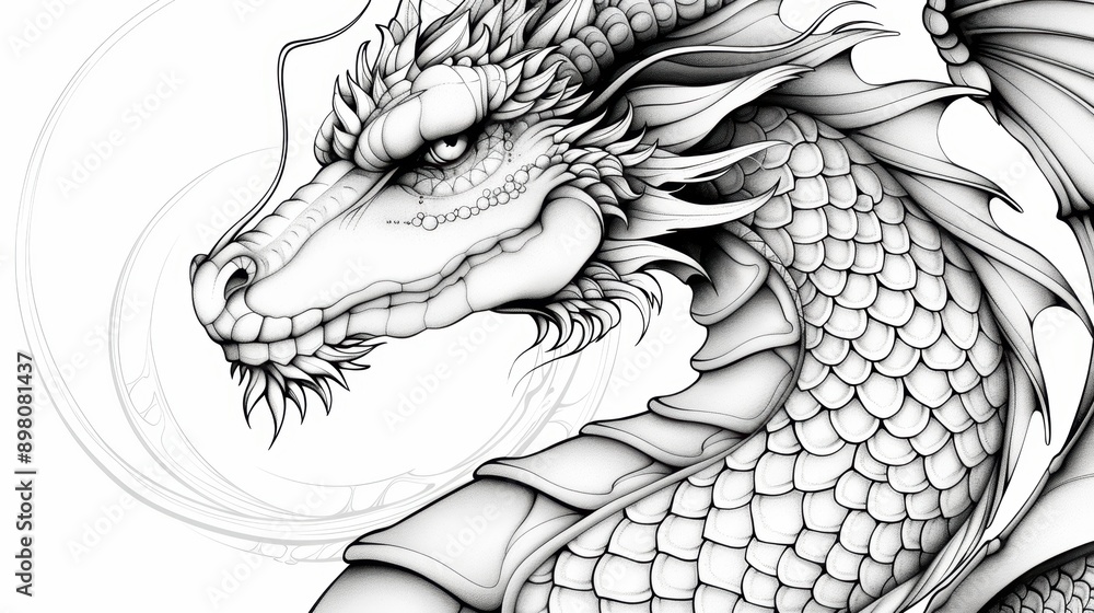 A detailed black and white coloring book page featuring a majestic ...