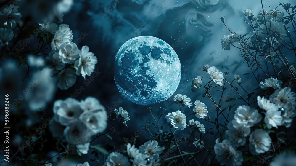 Elegant Design Background with Flowers and Night Sky. Night-Time ...