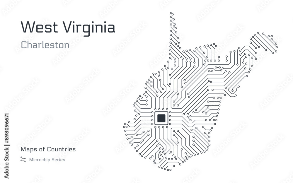 West Virginia Map with a capital of Charleston Shown in a Microchip ...