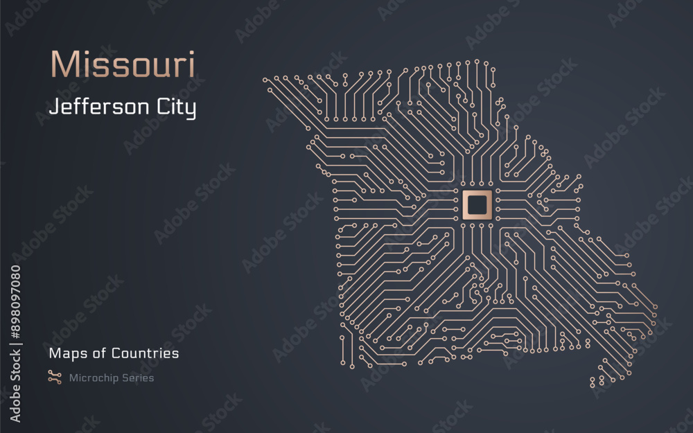 Missouri Map with a capital of Jefferson City Shown in a Microchip ...