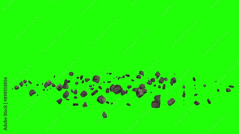 Stones flying and spinning in the air of a green screen animation ...