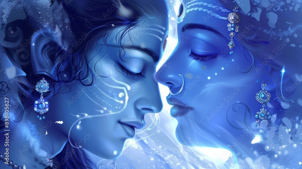 An illustration in which the blue-skinned Lord Shiva touches his face ...