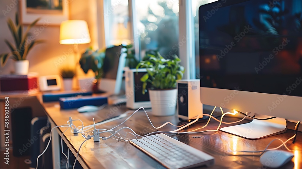 Efficiently managed workspace with a surge-protected power strip ...