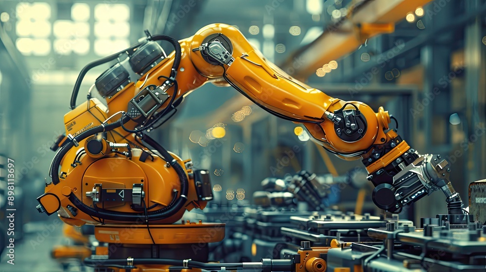 Robot arm in a mechanized industrial facility, working on complex tasks ...