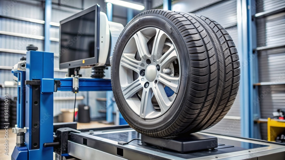 Modern car tire positioned on computerized wheel balancing machine ...