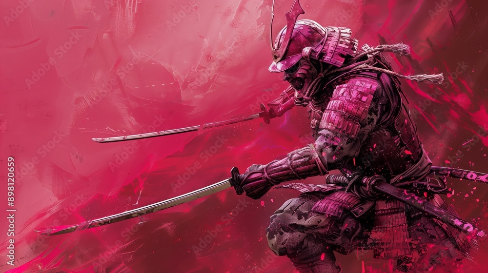 Dynamic illustration of a fierce samurai warrior in full armor ...