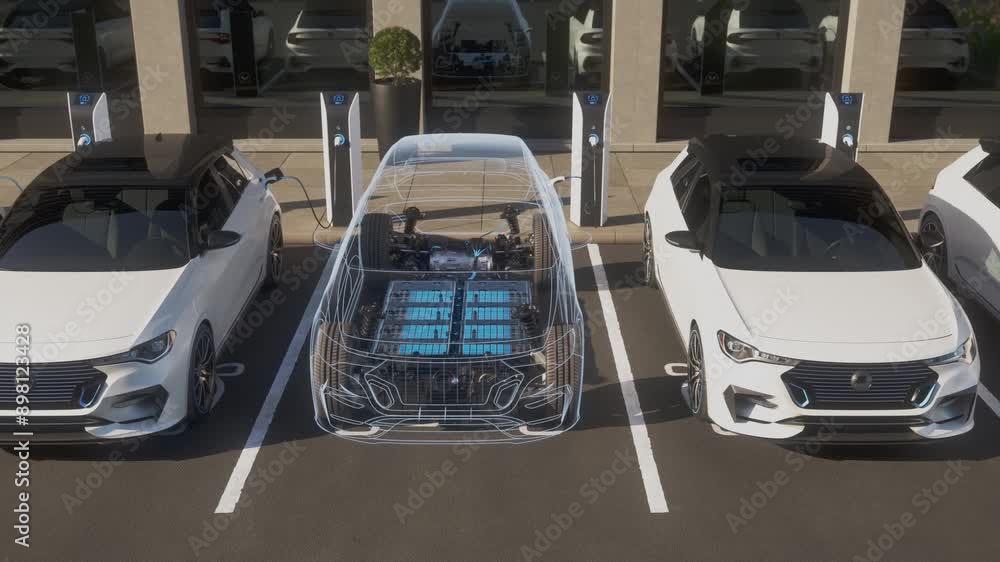 A row of generic autonomous electric cars charging in front of an ...