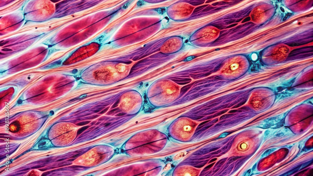 Microscopic image of skeletal muscle tissue fibers, smooth muscle cells ...