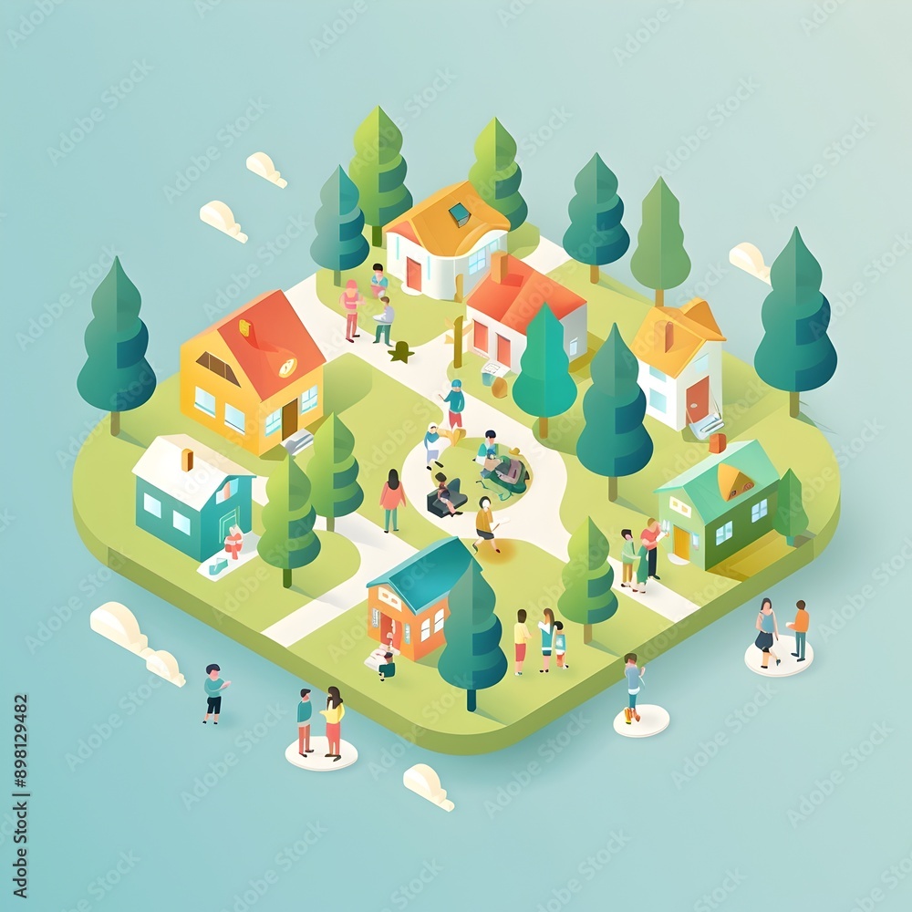 Colorful 3D Isometric Village with People Sharing Information in ...