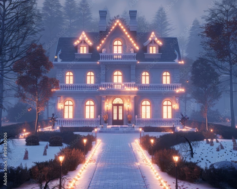 Haunted mansion with flickering lights and broken windows close up ...