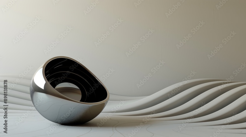 A chrome sphere sits on a white, undulating surface. The sphere casts a ...