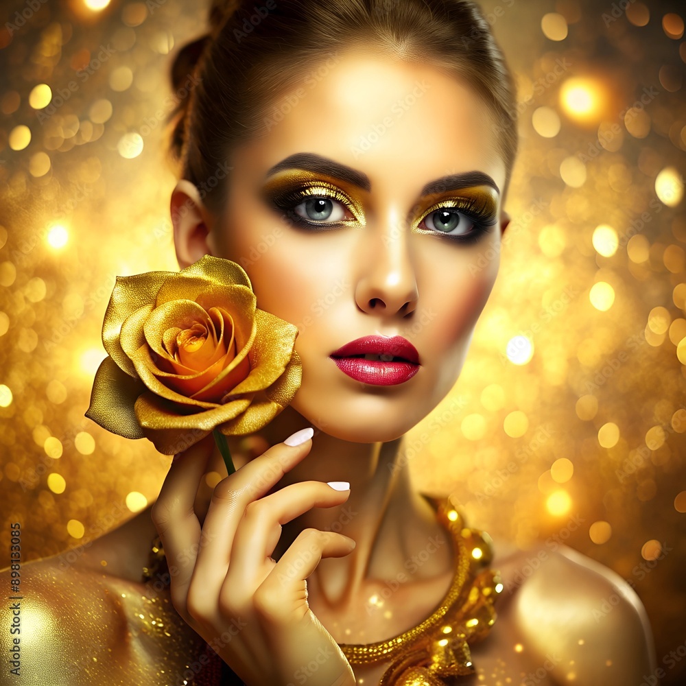 Gold Skin Woman Face. Golden Lips Make up with Flower close up. Female ...