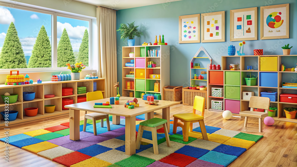Colorful kindergarten classroom filled with educational toys, blocks ...
