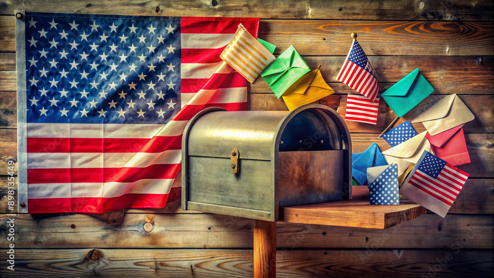 American flag waving proudly in front of a vintage wooden mailbox ...