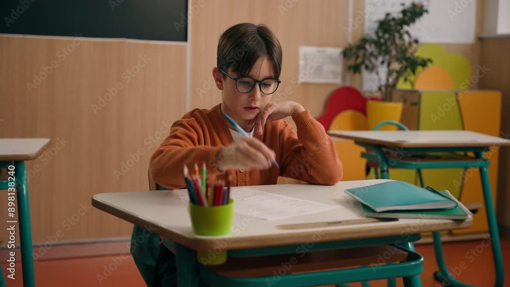 Back to school elementary primary education studying Caucasian boy ...