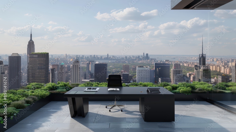 minimalist office space on a city rooftop, equipped with a sleek black ...