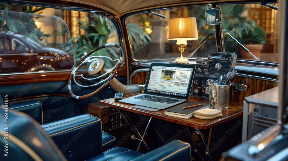 mobile office set up in a vintage car, complete with a laptop, portable ...