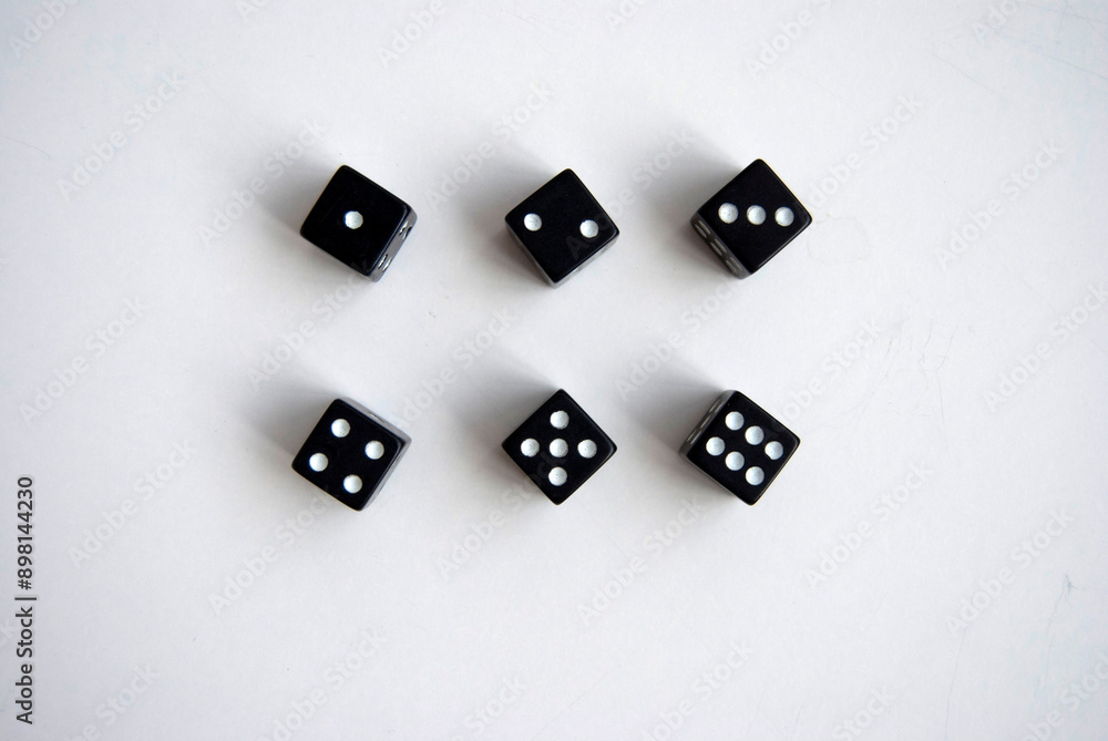 Dice isolated. Black dice on white. Black and white dice. 6 dice with ...