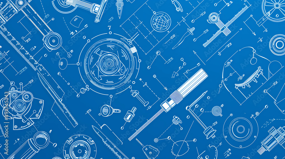 A blue and white drawing of various mechanical parts. The blue and ...