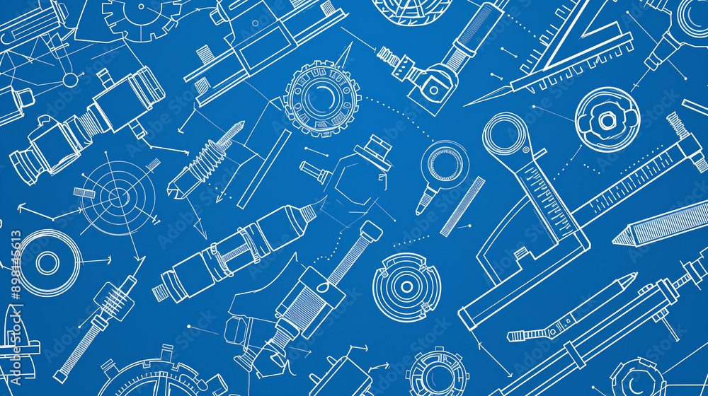 A blue and white drawing of various mechanical parts. The blue and ...