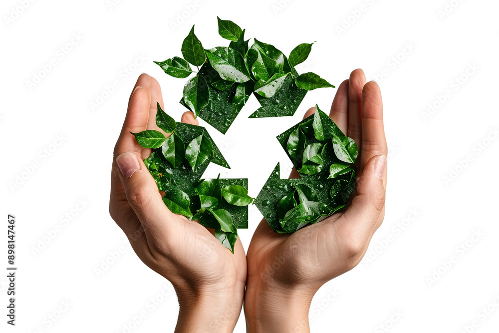Green Symbol of Sustainability: Hands cradling a vibrant green recycle ...