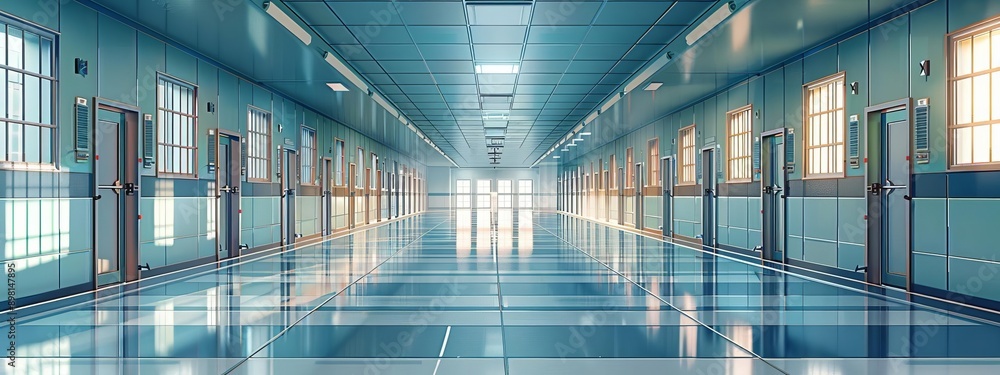Interior Of The Corridor Of A Modern Prison With Doors To The Cells