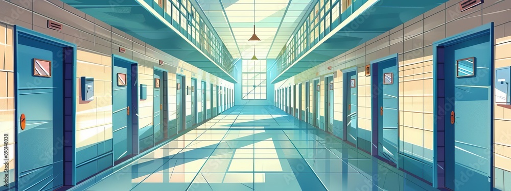 Interior of the corridor of a modern prison with doors to the cells ...